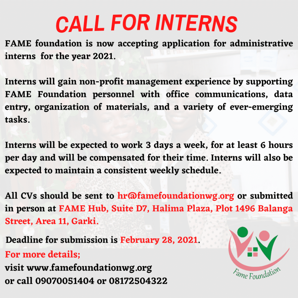 2021: CALL FOR INTERNS – FAME Foundation
